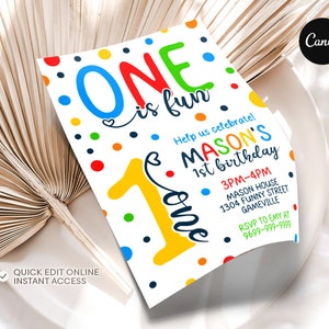 One is Fun 1st Birthday Invitation, Polka Dot 1st Birthday Invitation ...