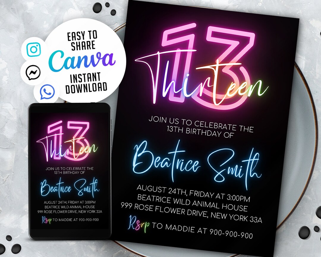 13th Birthday Invitation for Girl and Boy, Neon Rainbow, Editable ...