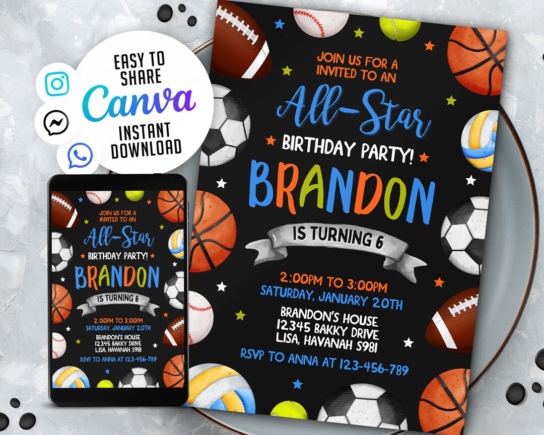 Sports Invitation, EDITABLE Sports Birthday Invitation, Sports Template ...