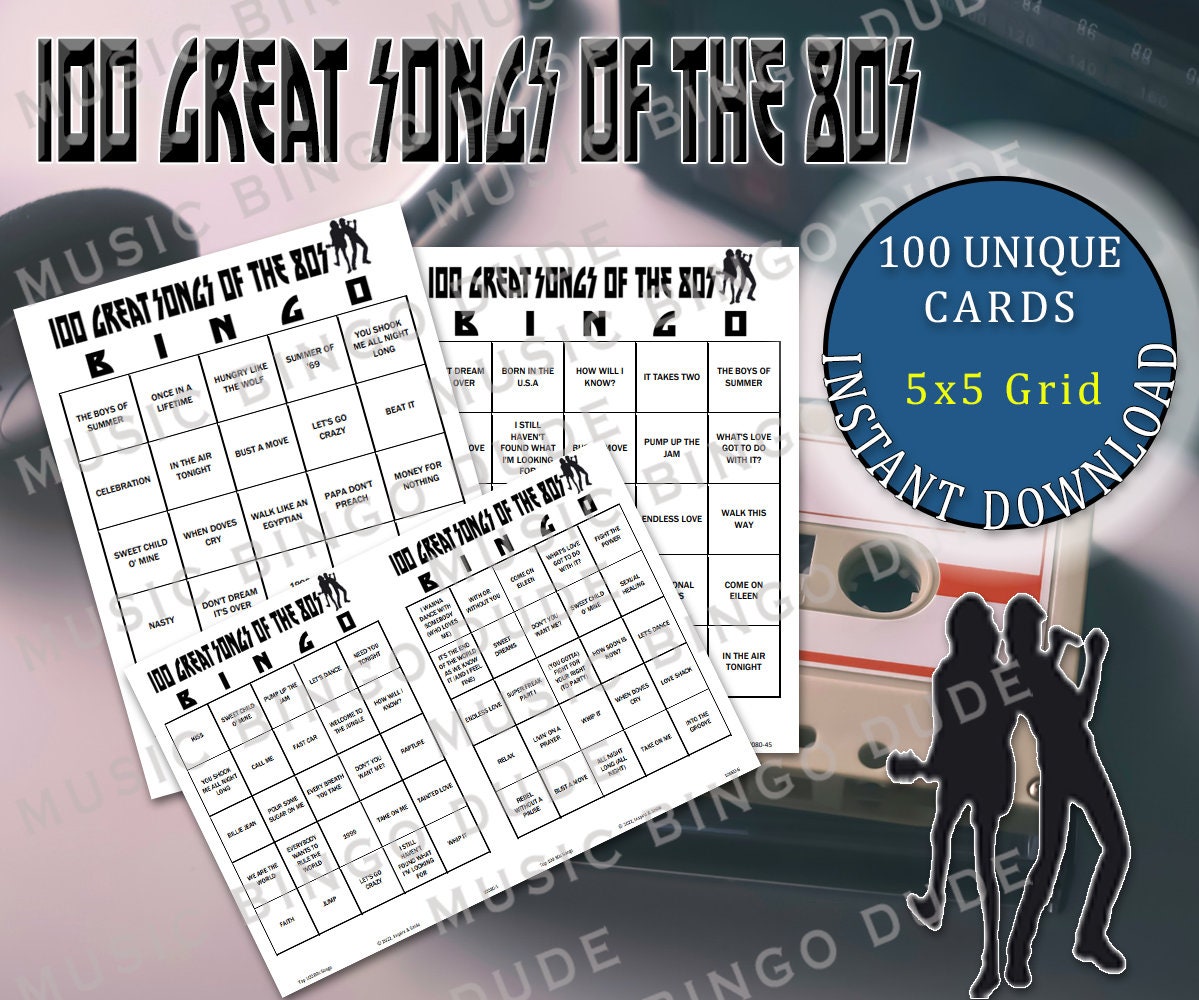 80's Music Bingo Cards, 1980s Music Hits, Digital Download, Bingo Games ...