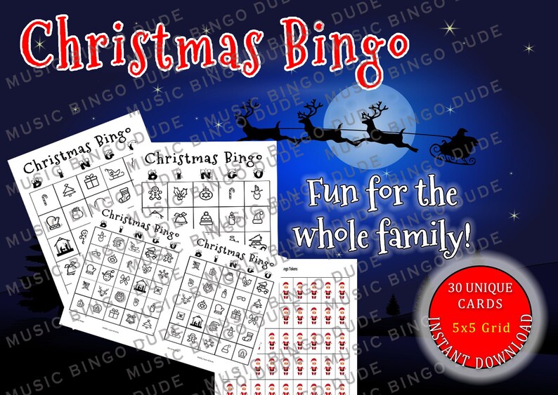 Printable Christmas Bingo Game 30 Unique Cards 1 or 2 per Card for Kids ...