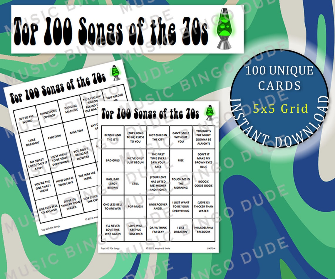 70's Music Bingo Cards, 1970s Music Hits, Digital Download, Bingo Games ...