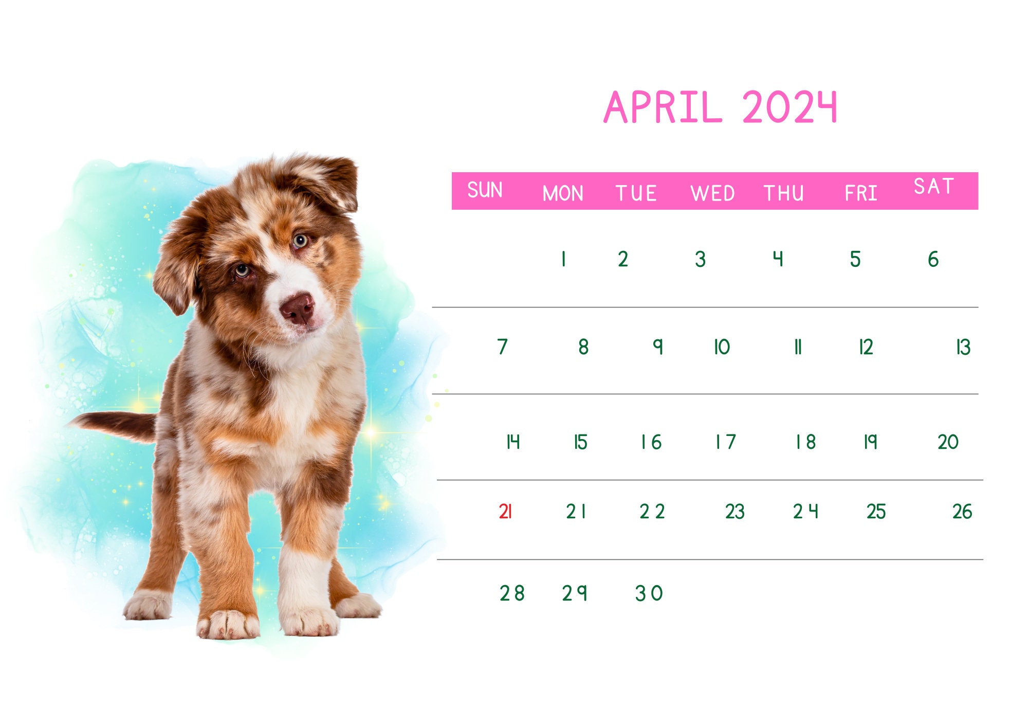 Watercolor Dog Printable Calendar 2024 Printable 2024 Calendar With ...