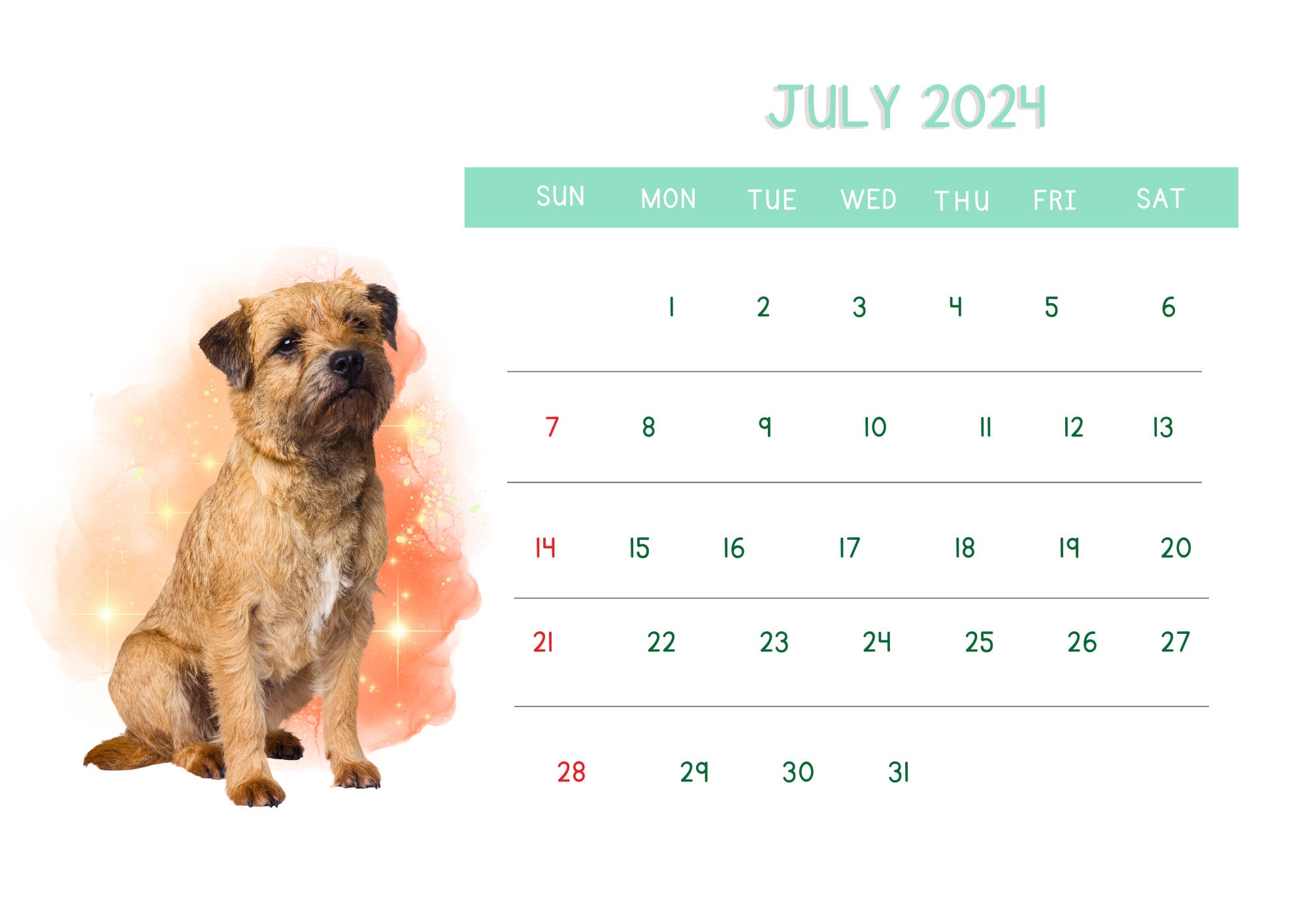 Watercolor Dog Printable Calendar 2024 Printable 2024 Calendar With ...
