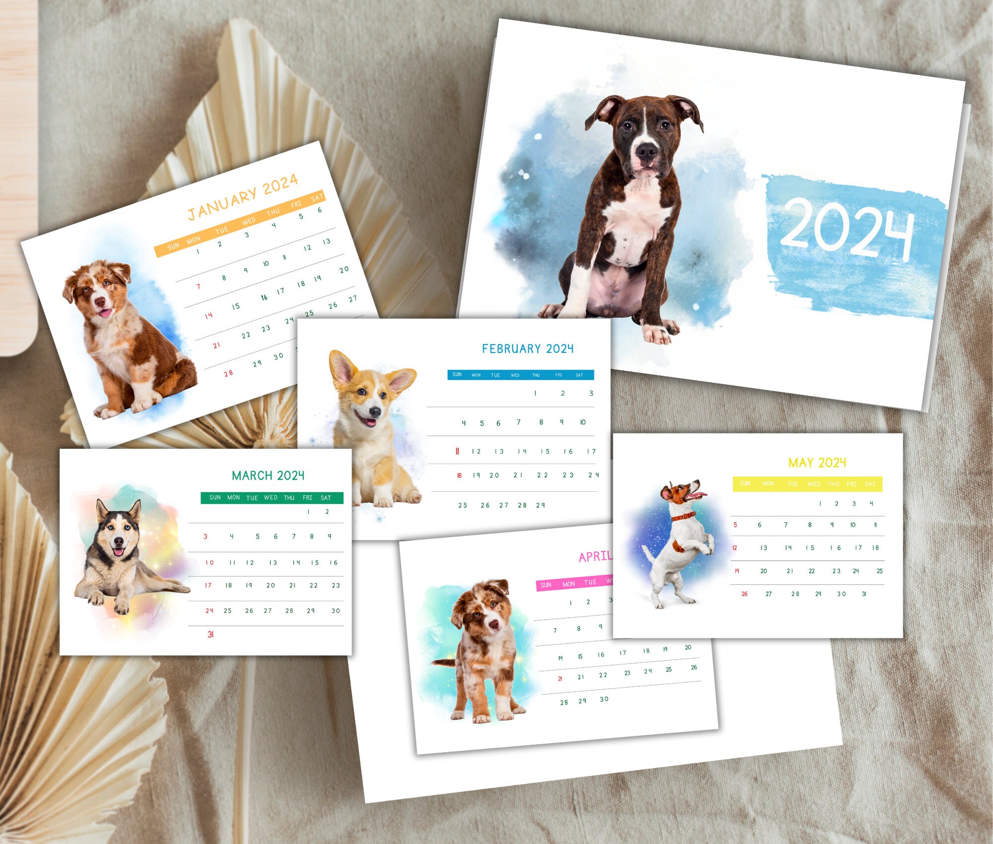 Watercolor Dog Printable Calendar 2024 Printable 2024 Calendar With ...