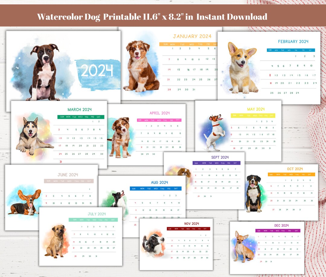 Watercolor Dog Printable Calendar 2024 Printable 2024 Calendar With ...
