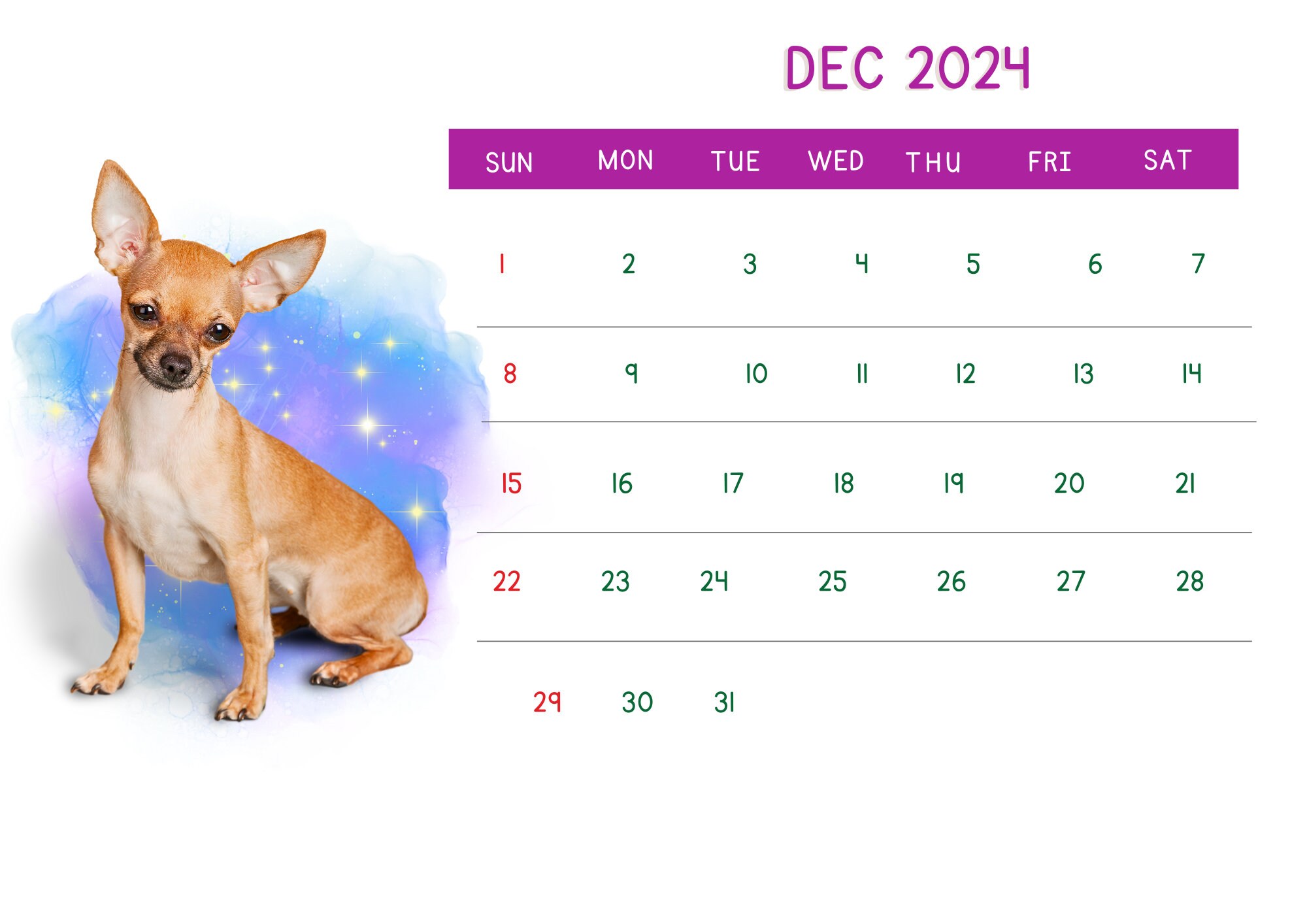 Watercolor Dog Printable Calendar 2024 Printable 2024 Calendar With ...