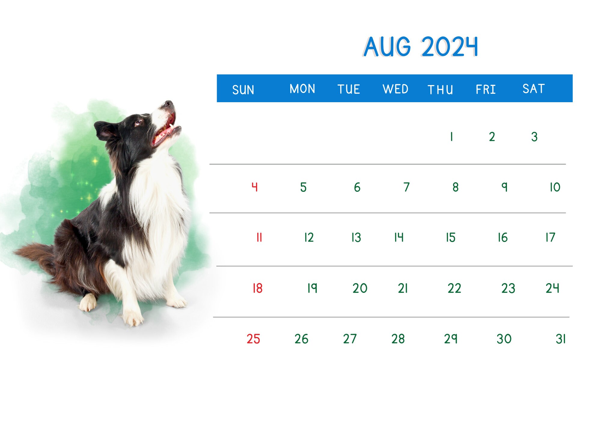 Watercolor Dog Printable Calendar 2024 Printable 2024 Calendar With ...