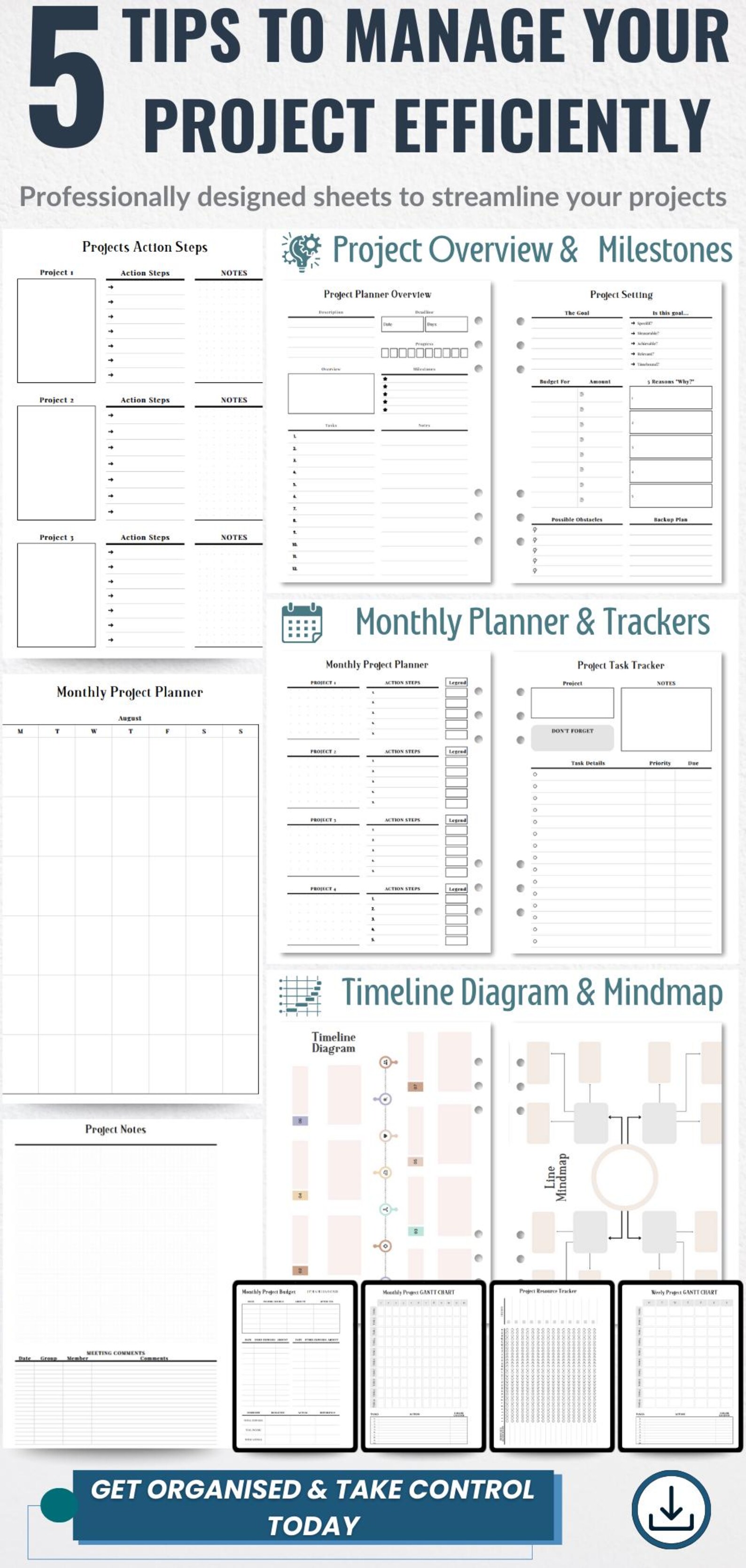 Project Management Bundle Printable Planner Insert Gantt Charts Task ...