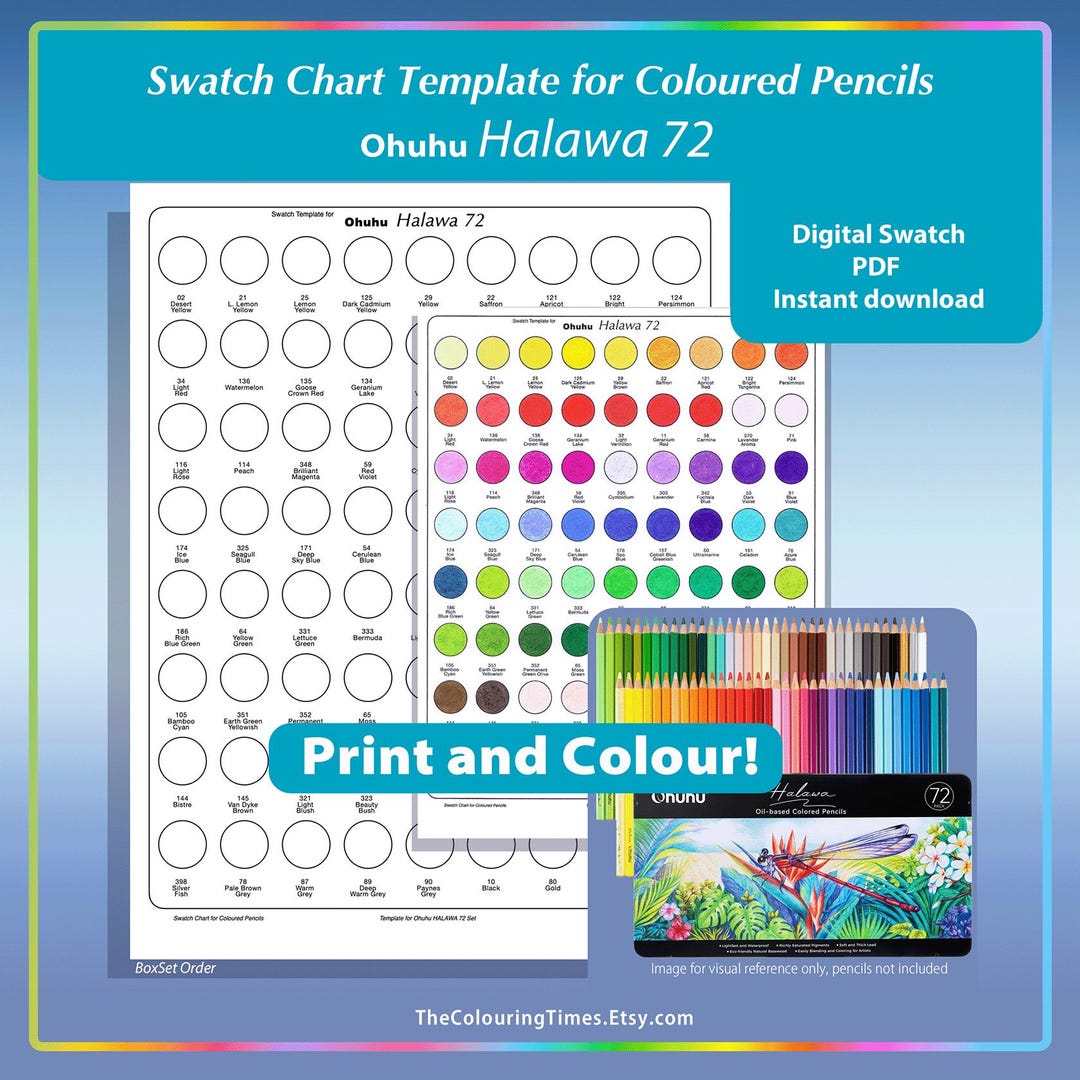 Swatch for 72 Ohuhu Halawa Colored Pencils Digital Colour Chart Names ...