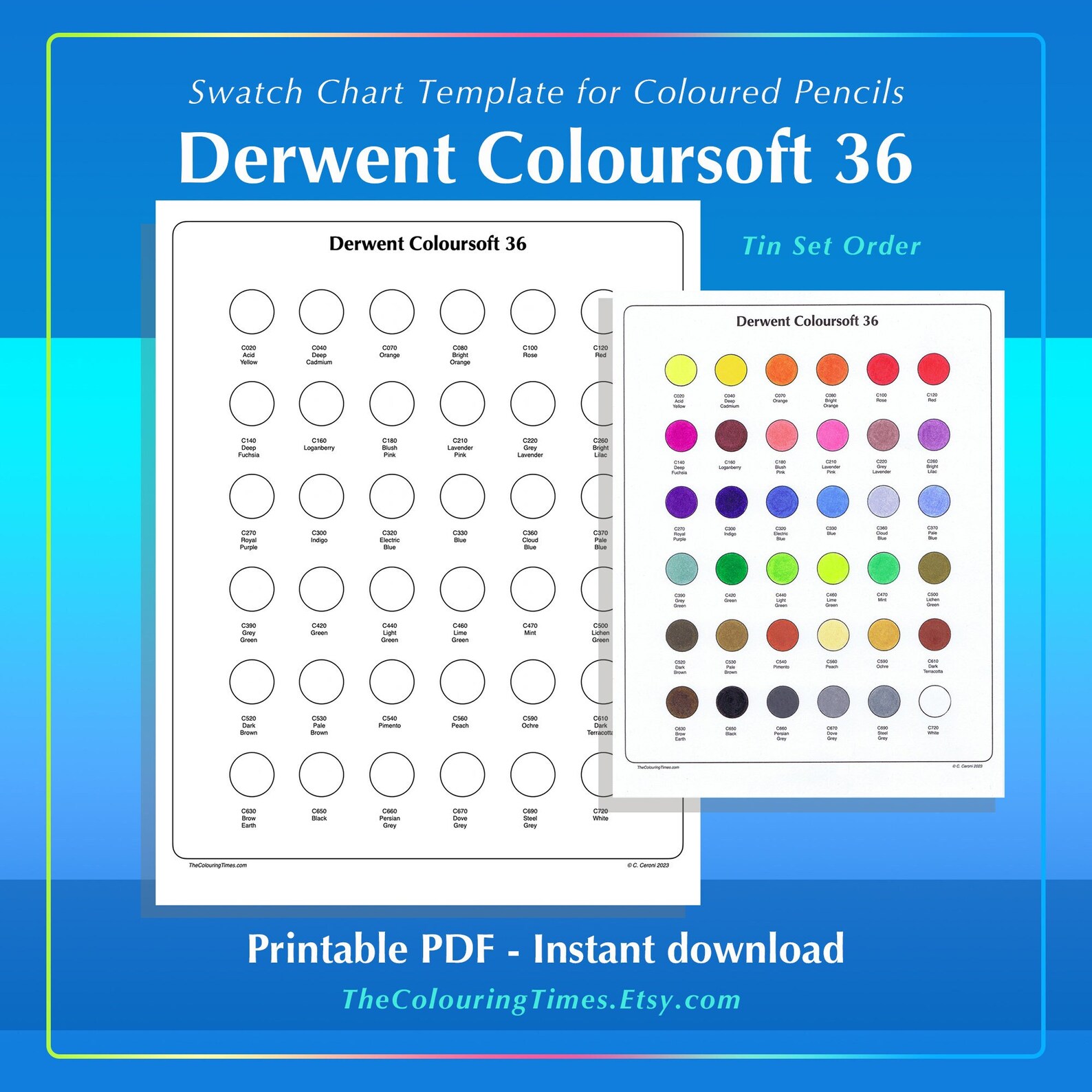 Derwent Coloursoft 36 Swatch Chart Printable PDF Blank Template for ...
