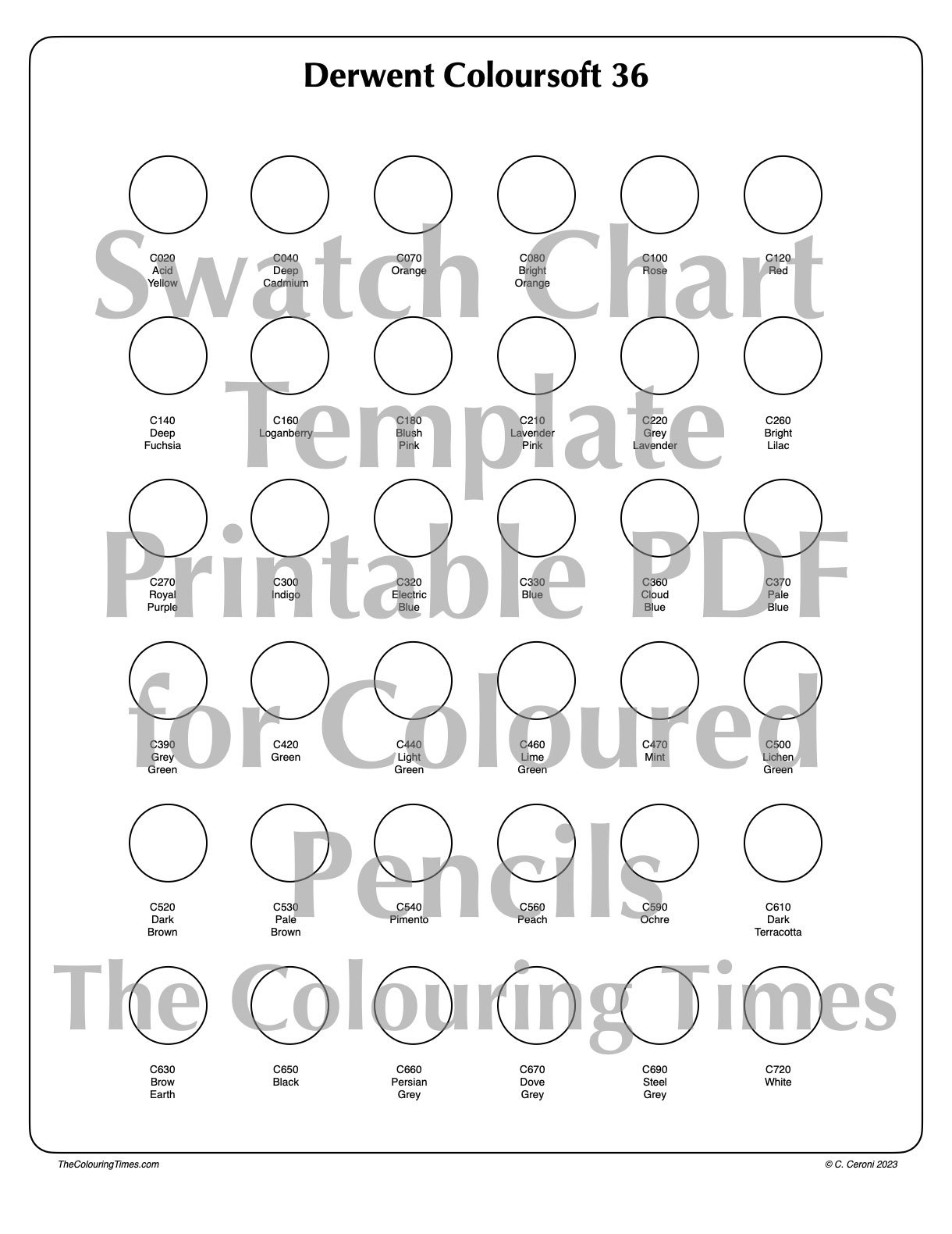 Derwent Coloursoft 36 Swatch Chart - Printable PDF - Blank Template for ...