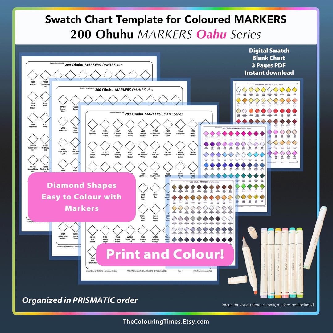 200 Ohuhu MARKERS Oahu Swatch Template PDF Prismatic Chart With Names ...