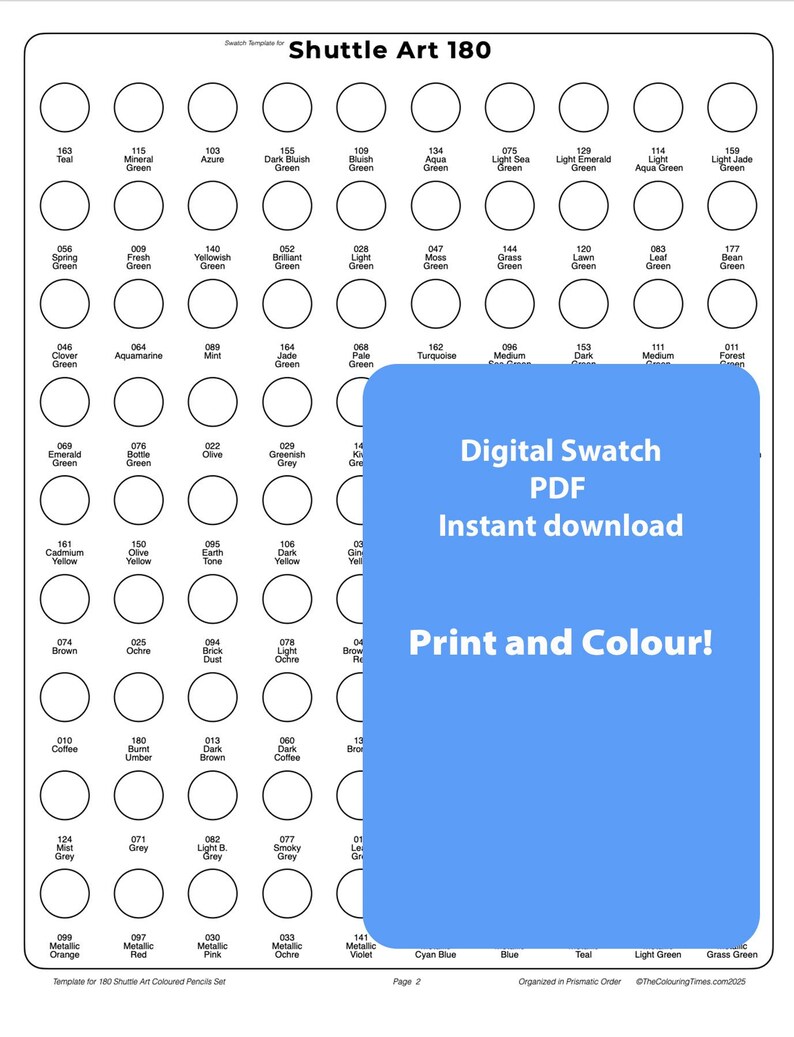 Shuttle Art 180 Pencil Set Color CHART PDF Instant Download Swatch ...