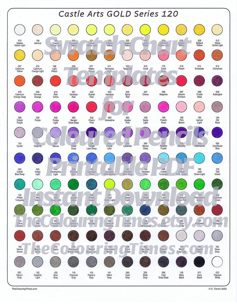 Castle Arts GOLD Series 120 Swatch Blank Colour Chart With Names and ...