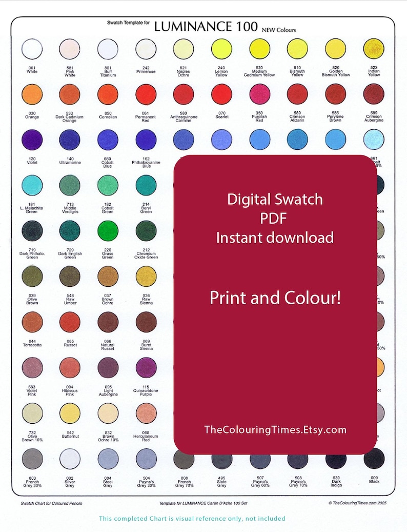 Luminance 100 Swatch PDF for Artist Pencil Set Caran D'ache TWO Charts ...