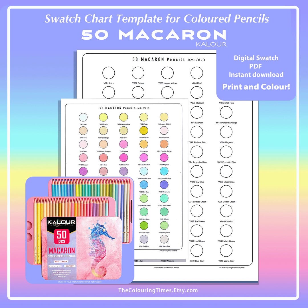 Swatch 50 Macaron Pencils Kalour Set Colour Chart Template PDF Easy ...