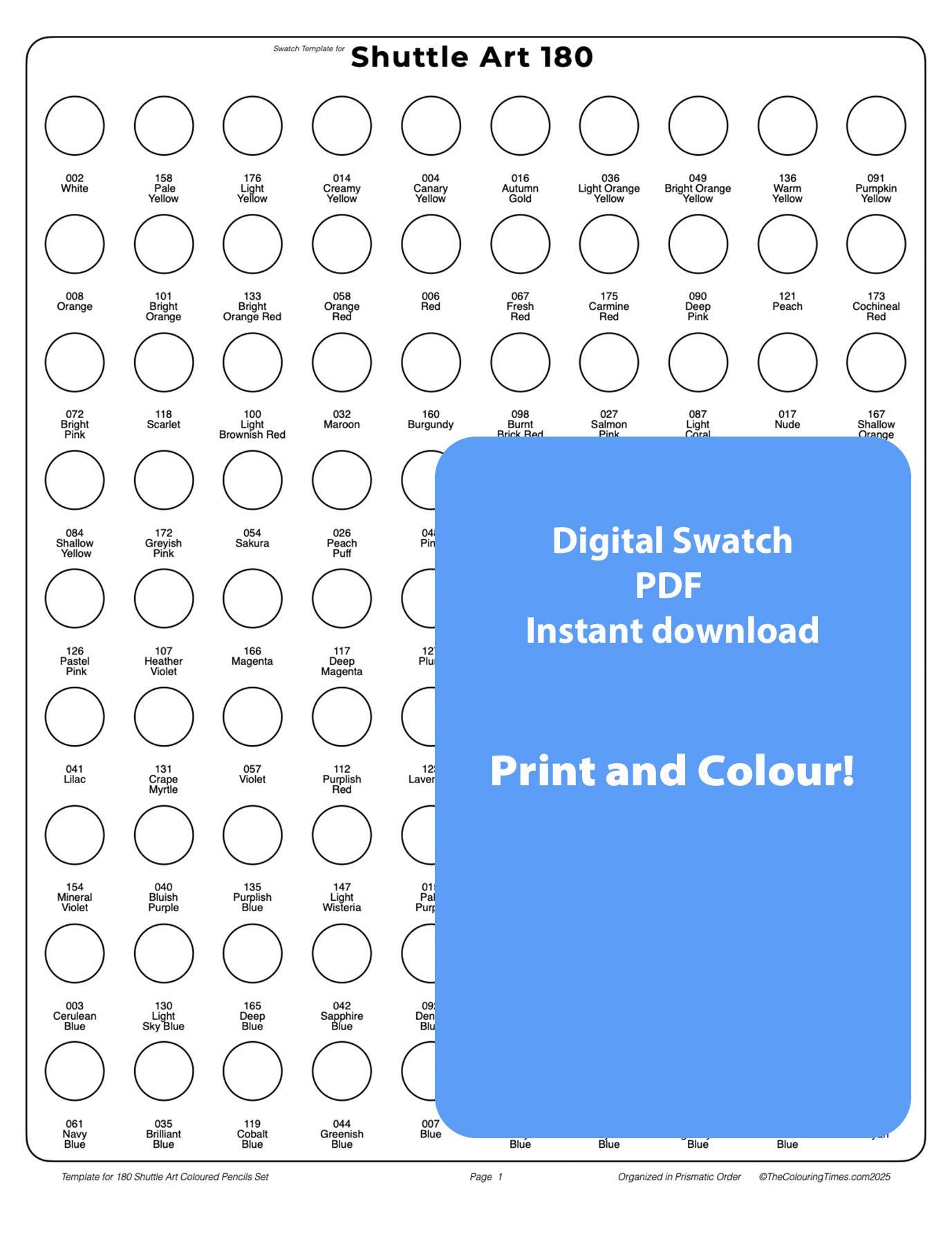 Shuttle Art 180 Pencil Set Color CHART PDF Instant Download Swatch ...