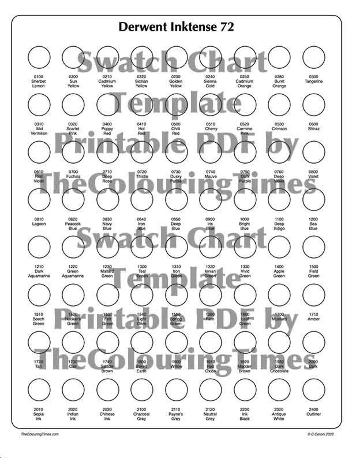 72 Inktense Derwent PDF Swatch Template Double Page Wet Dry Chart for ...