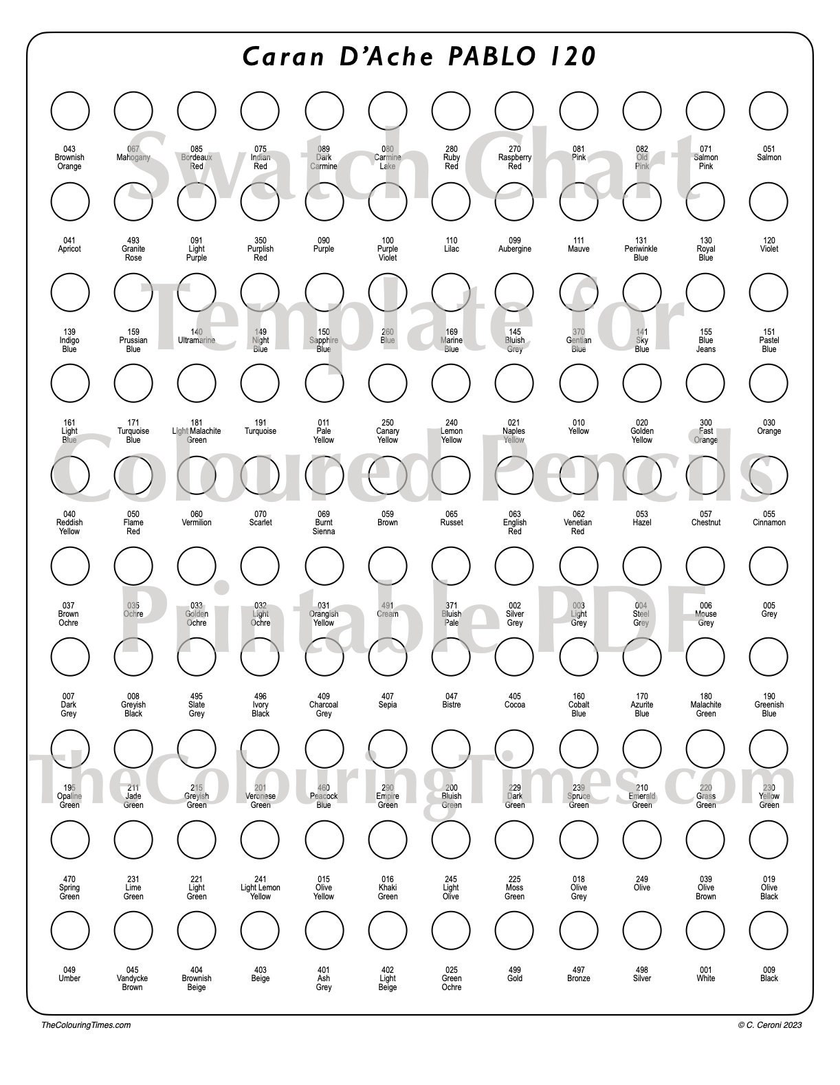 PABLO 120 Caran Dache Swatch Chart Template Blank Printable PDF for ...