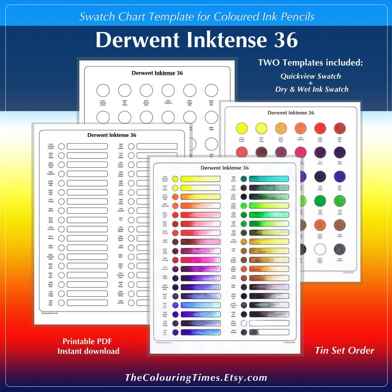 Derwent Inktense 36 Swatch Chart Template Printable PDF for Ink ...