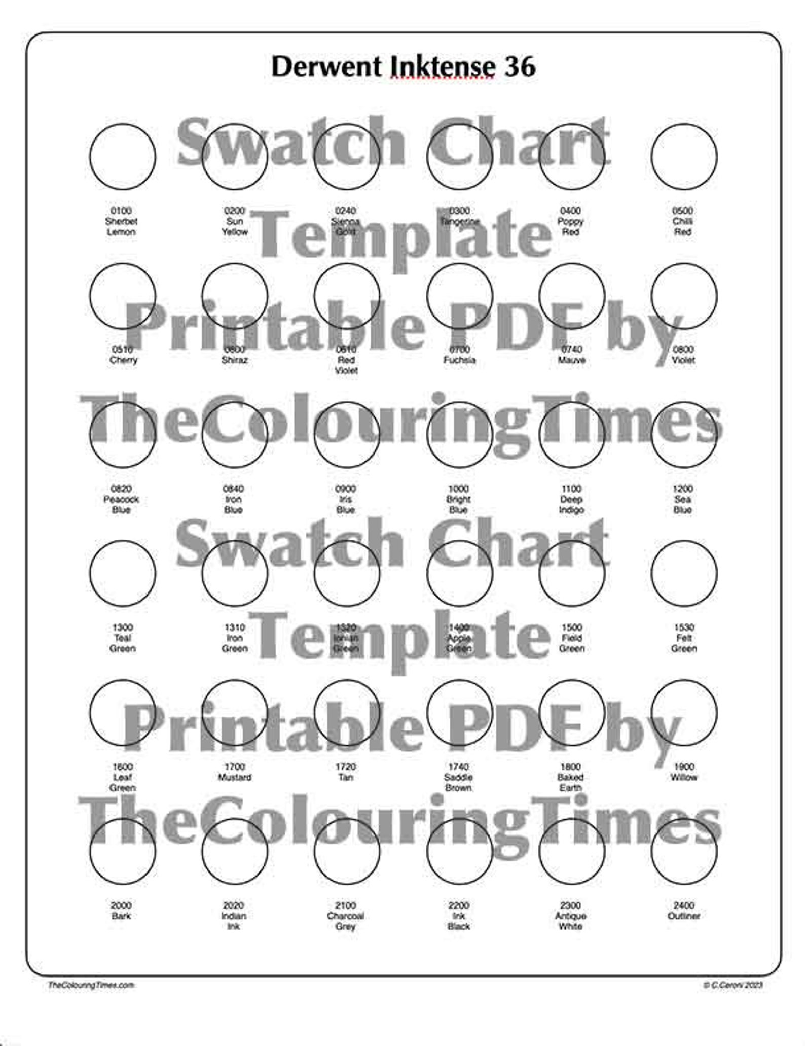 Inktense 36 Derwent Swatch Chart Template Printable PDF Double Page Wet ...
