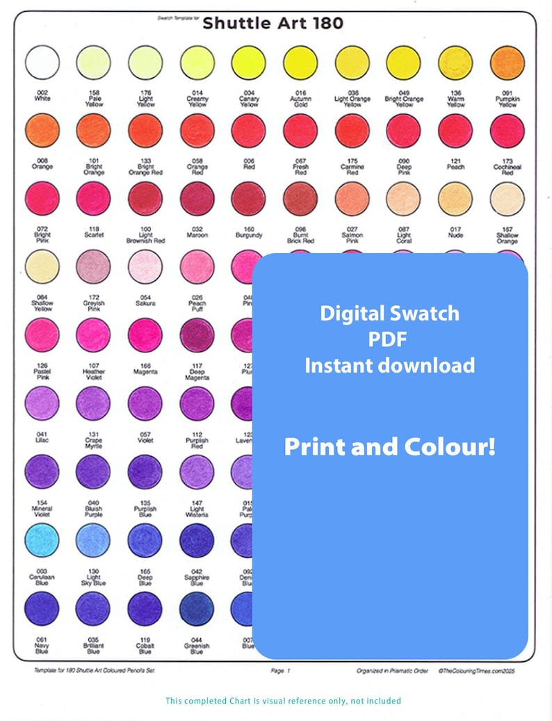 Shuttle Art 180 Pencil Set Color CHART PDF Instant Download Swatch ...