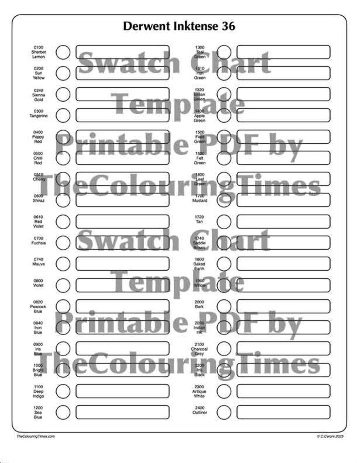 Inktense 36 Derwent Swatch Chart Template Printable PDF Double Page Wet ...