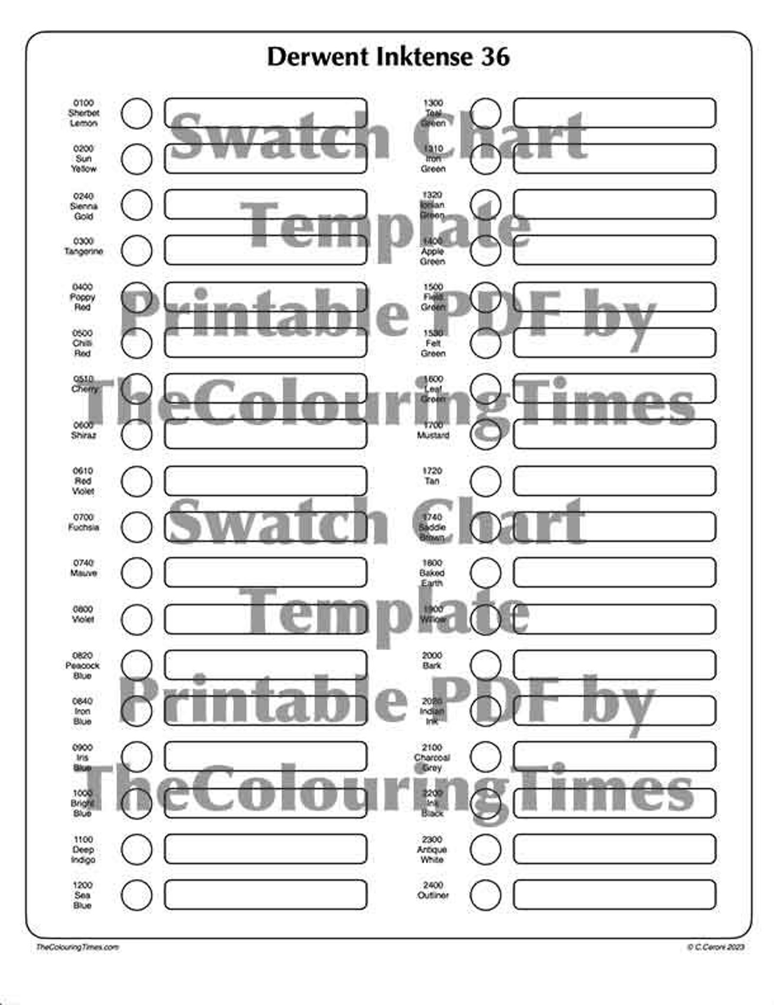 Derwent Inktense 36 Swatch Chart Template Printable PDF for Ink ...