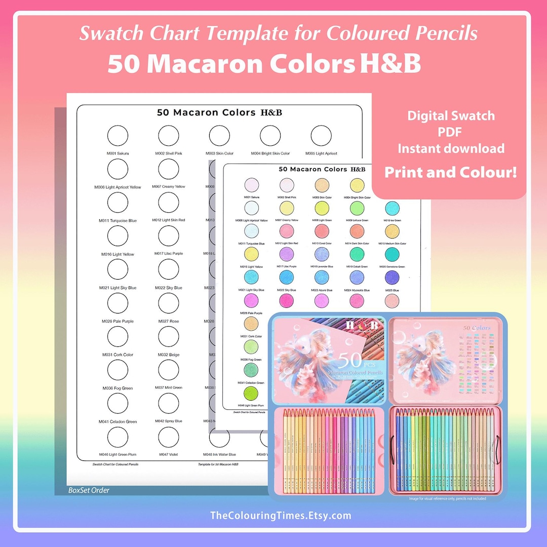 Swatch 50 Macaron Colors HB Pencil Set Printable PDF Template for ...