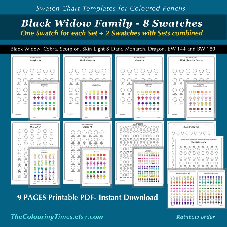 Black Widow Family 8 Swatch Chart Templates in One Printable PDF Blank ...