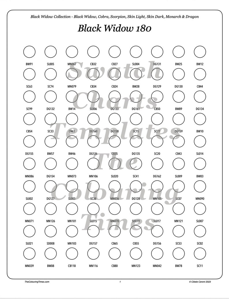 Black Widow 180 Swatch Chart Template Printable PDF - Etsy