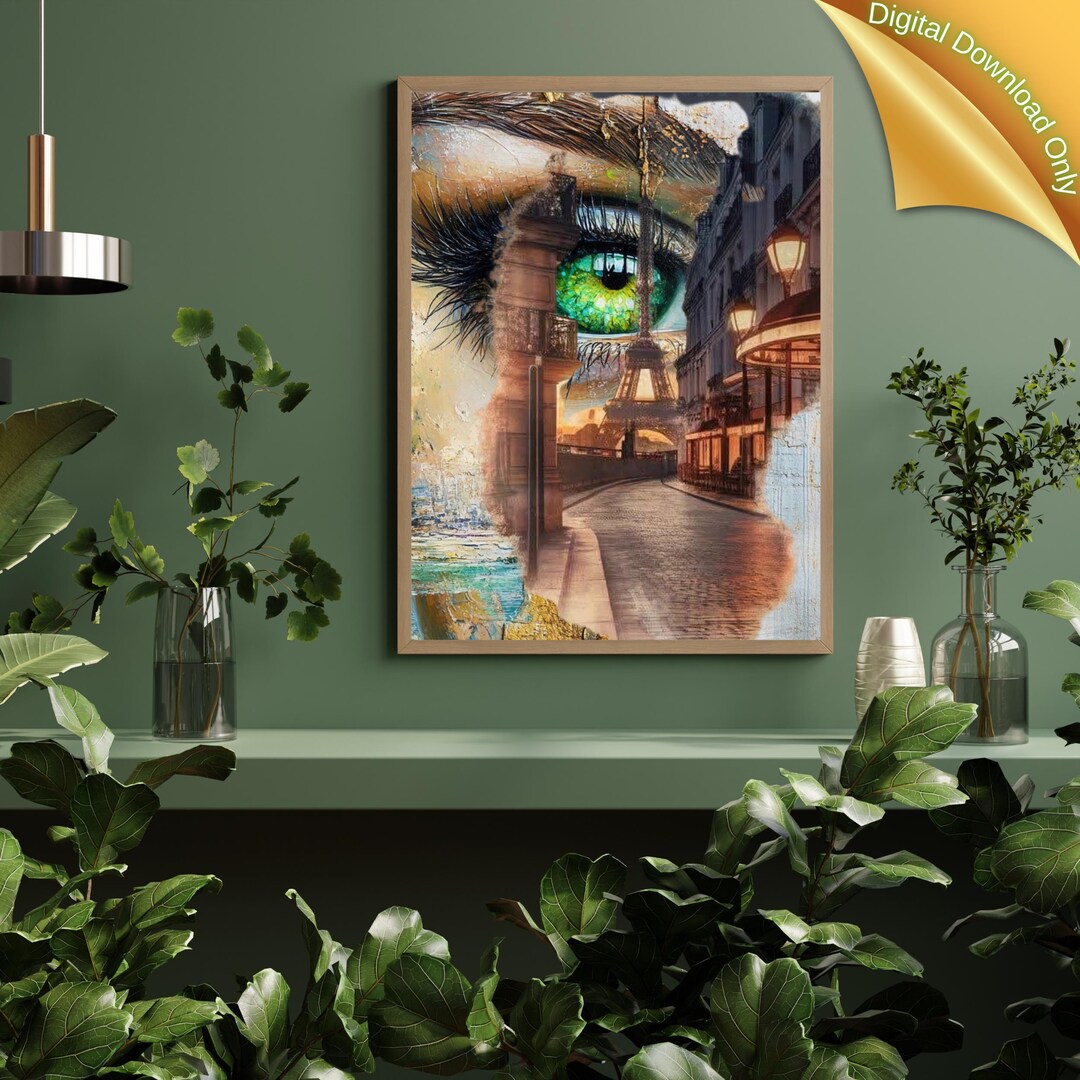 Paris Coffee Wall Art, Surrealist Woman Eye Print, Eiffel Tower Collage ...
