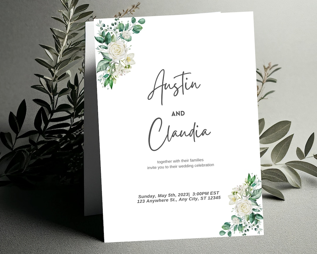 Minimal, Clean Wedding Invitation Template - Greenery Themed- 100% ...