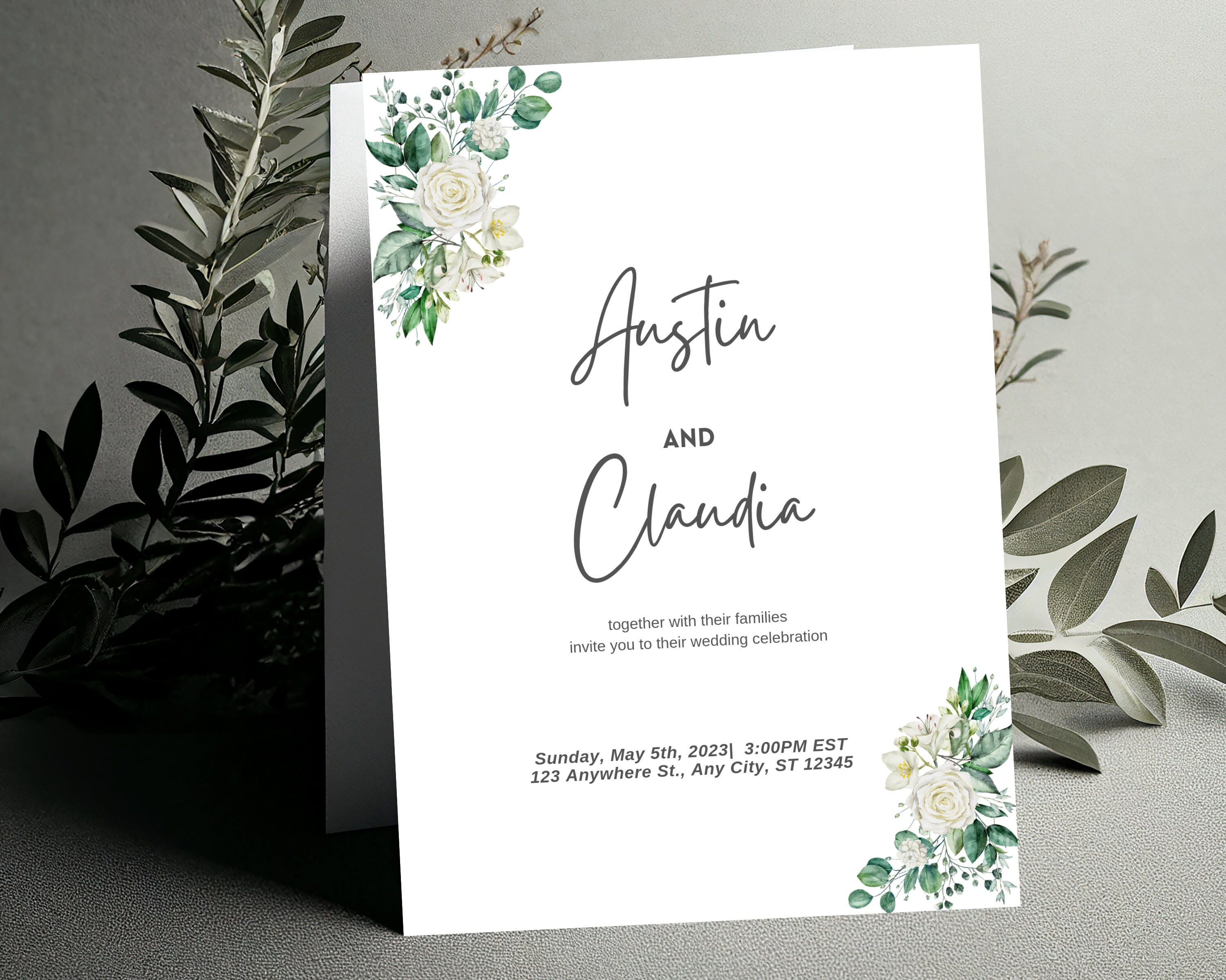 Minimal, Clean Wedding Invitation Template Greenery Themed 100% ...