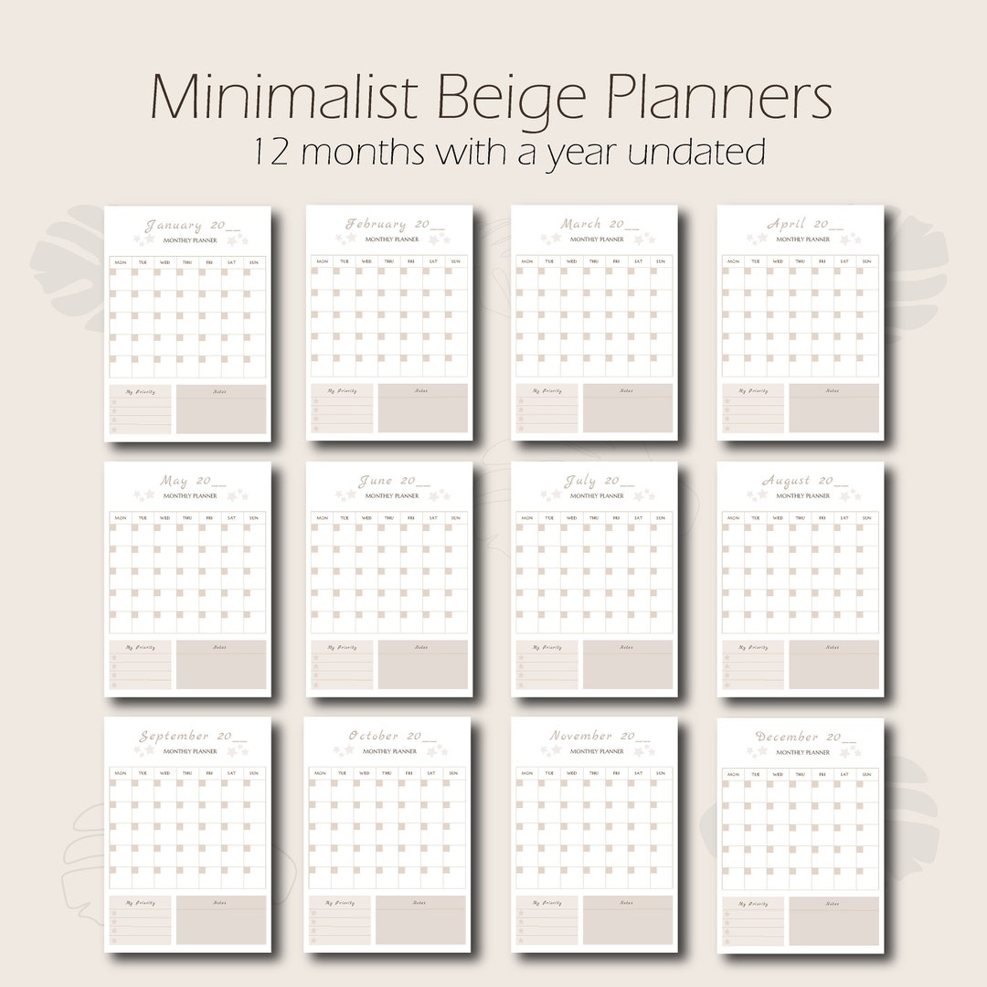Monthly Planner, Printable Calendar, Undated Planner Year, Planner ...