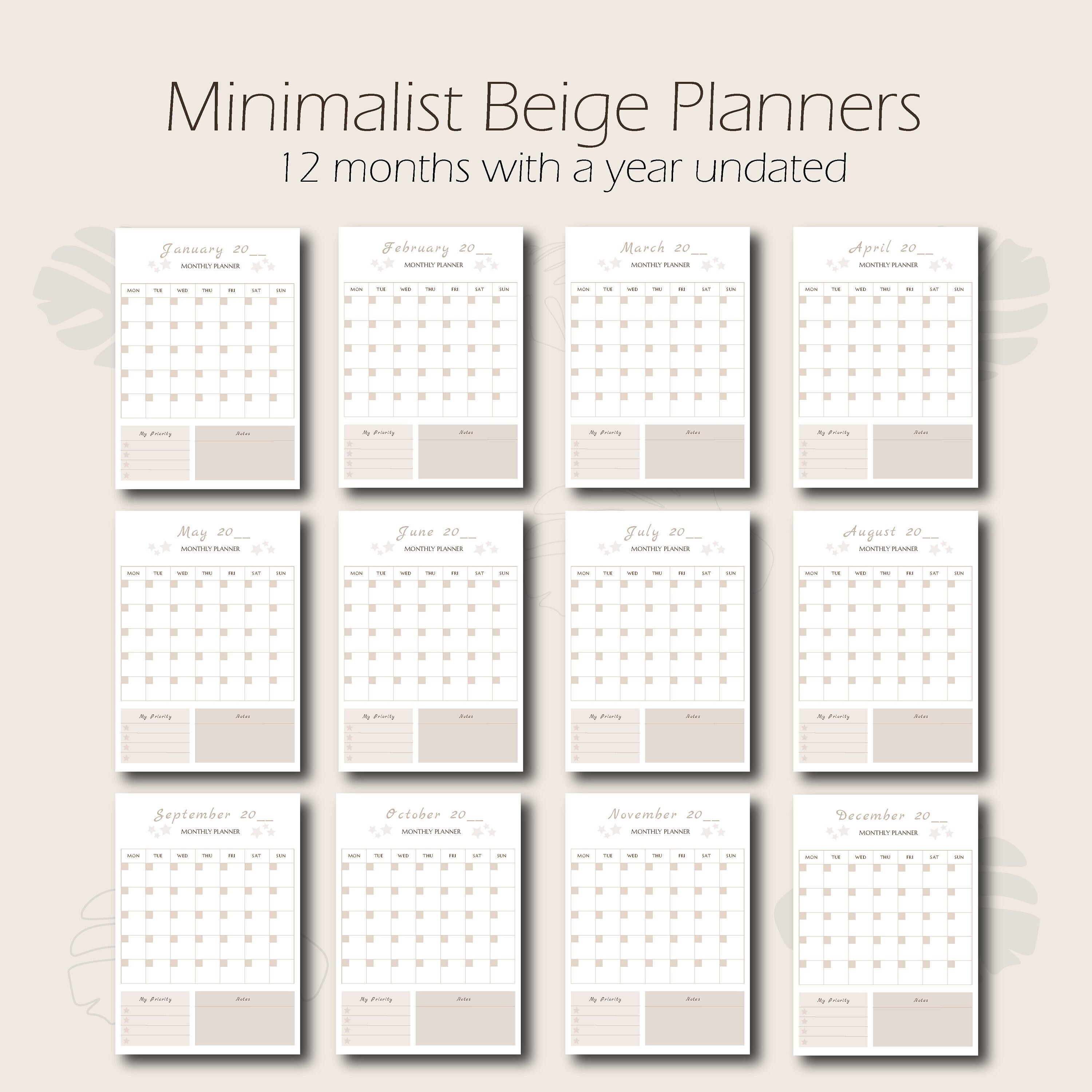 Monthly Planner, Printable Calendar, Undated Planner Year, Planner ...