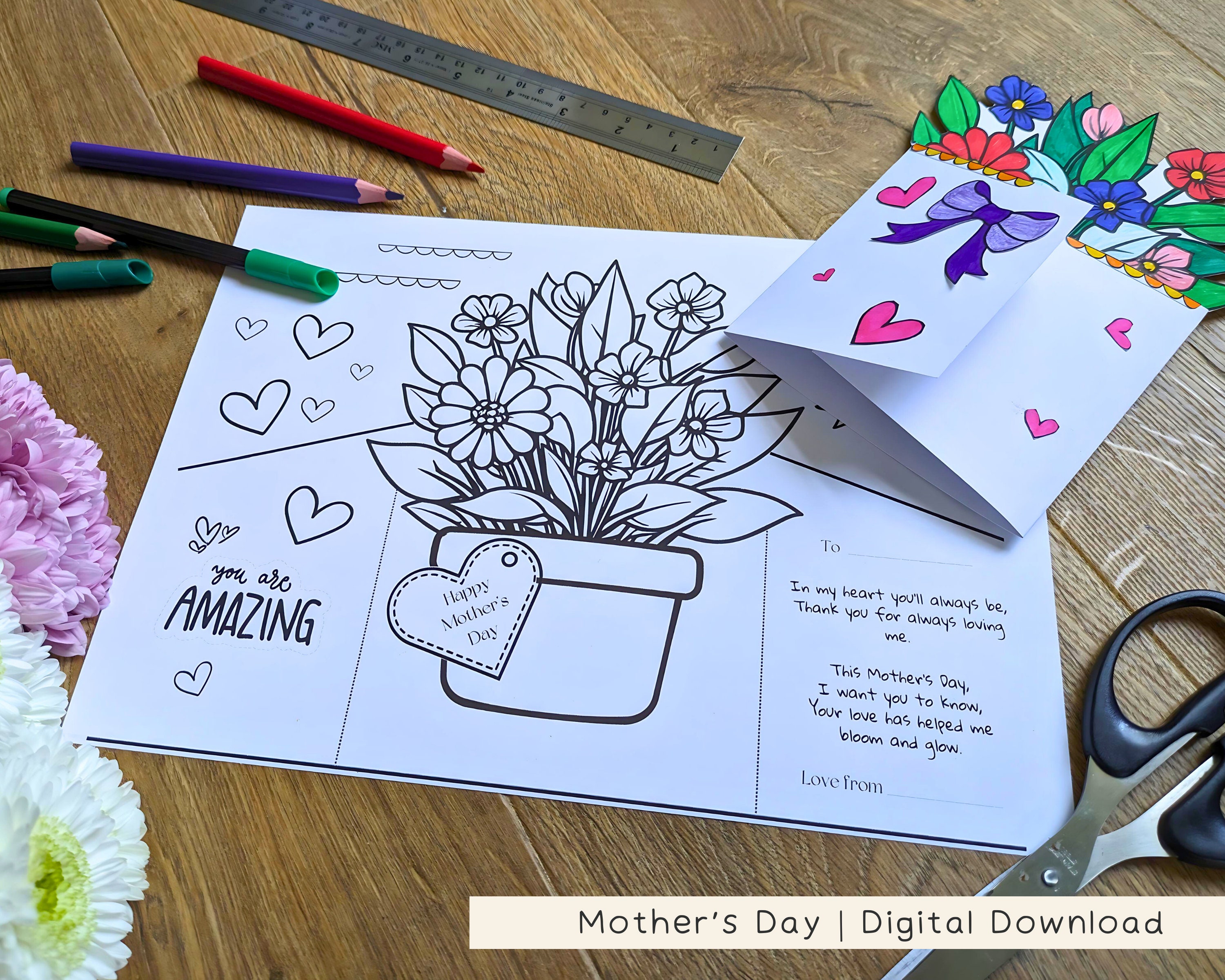 Mothers Day Flower Bouquet Colouring Card | Kids Craft Printable ...