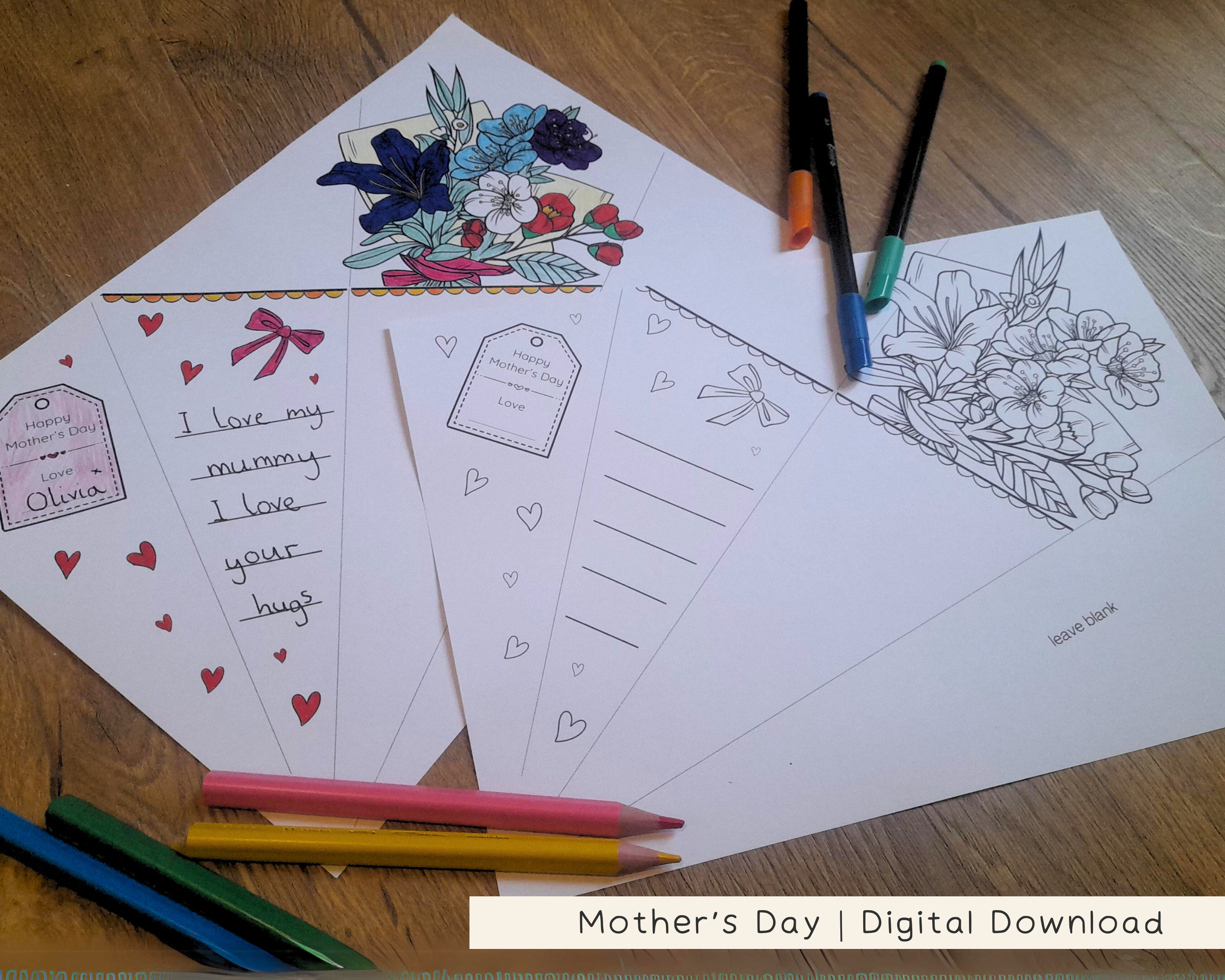 Mothers Day Paper Flower Bouquet Card Kids Colouring Printable Craft ...