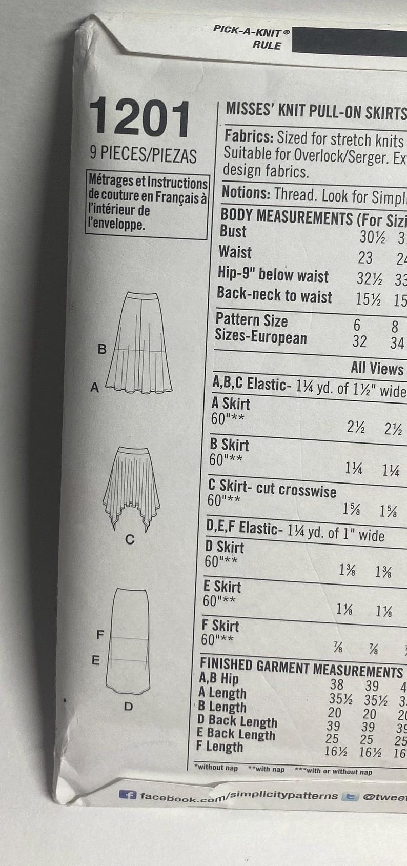 P Simplicity Sewing Pattern 1201 Plus Sized Skirt Patterns. Size 14-22 ...