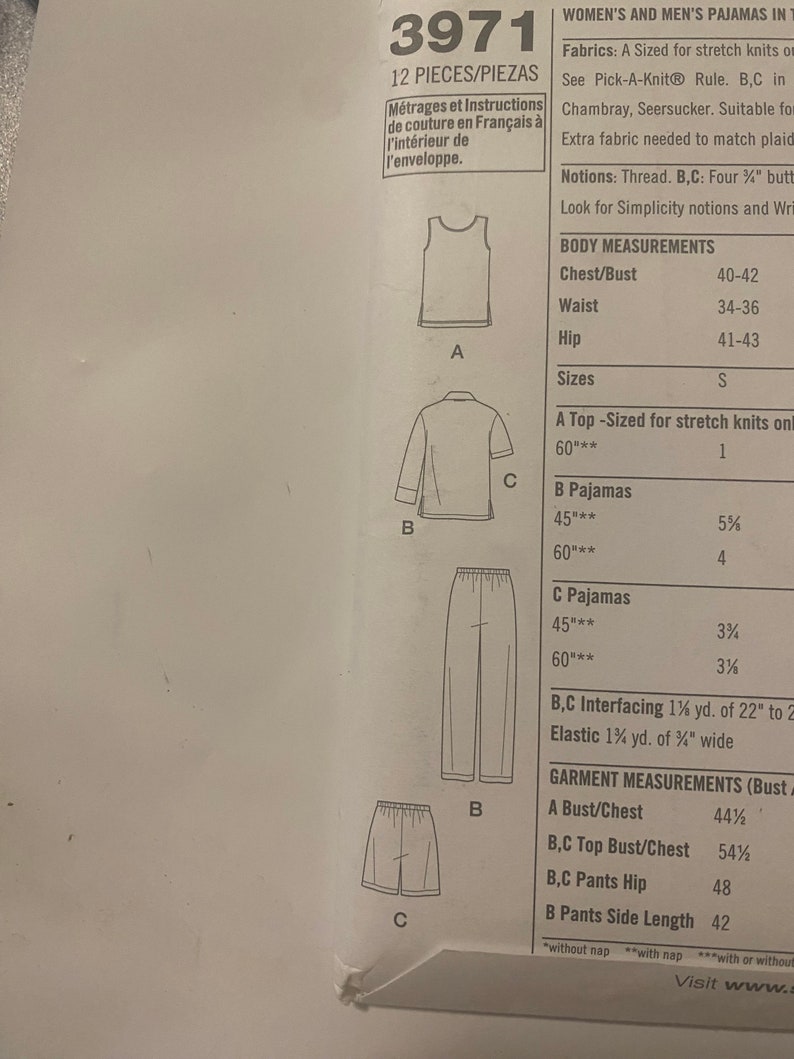 Sewing Pattern-adult Pajamas in SML Simplicity 3971. Includes Long and ...