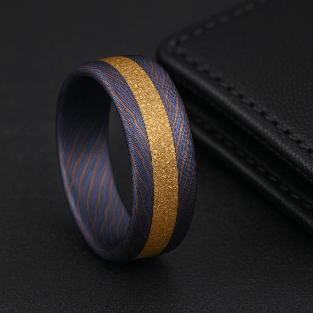 Timascus Ring 24ct Gold Flake Inlay – Colorful Titanium Damascus Band ...