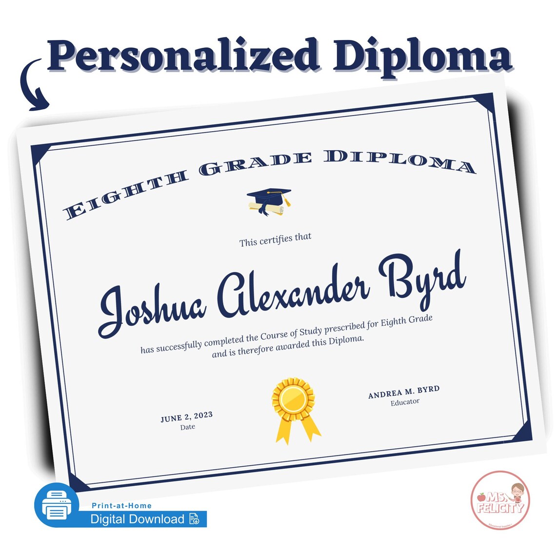 Personalized Printable School Diploma Middle School High School ...