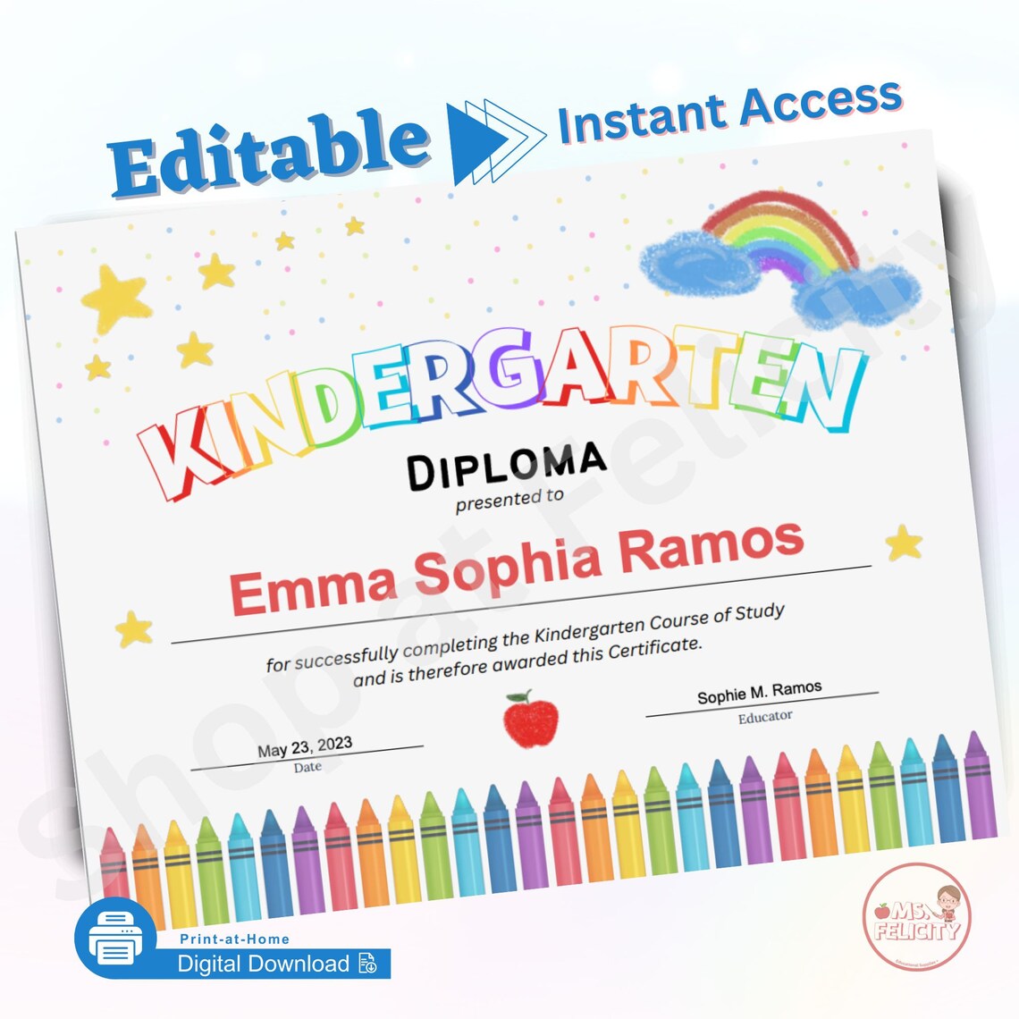 Editable Instant Access Kindergarten Diploma of Graduation Printable ...
