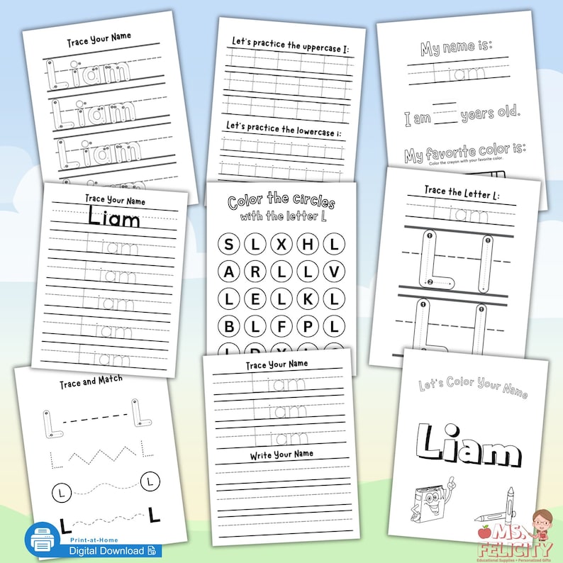 Liam Name Tracing Bundle Handwriting Practice Worksheets Sheet Sheets Busy Book Writing Page ...