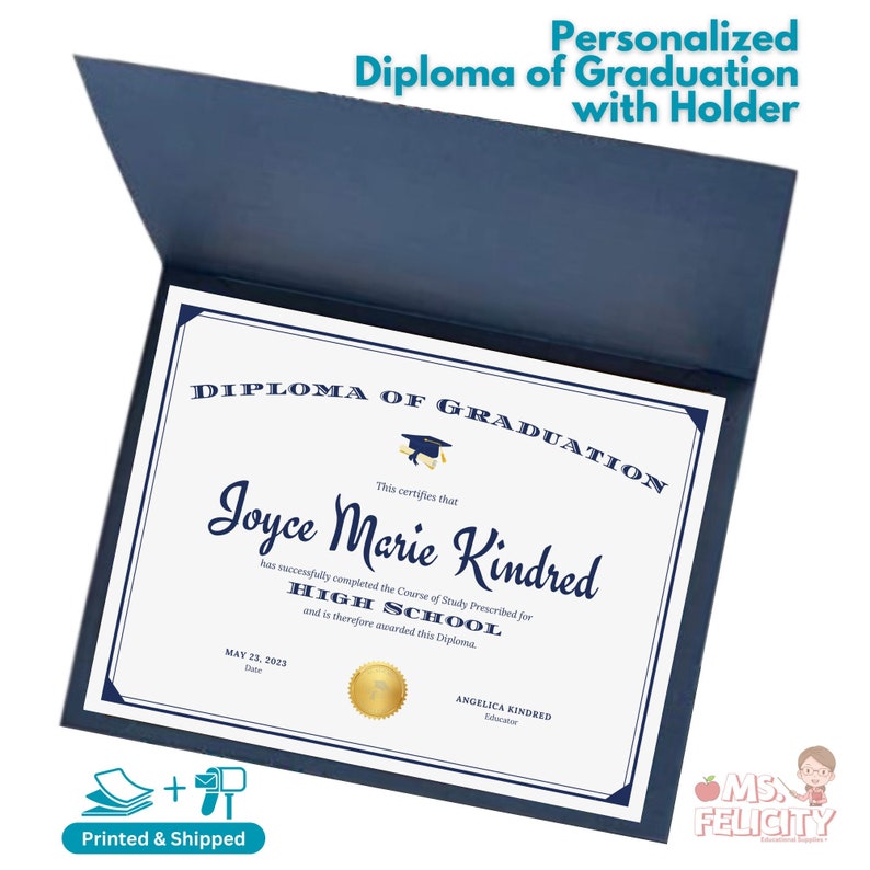 Printed and Shipped Diploma of Graduation Personalized Middle School ...