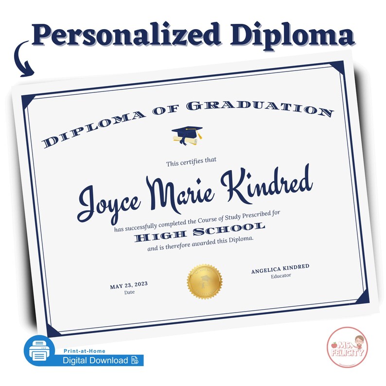 Personalized Diploma of Graduation Printable High School Certificate ...