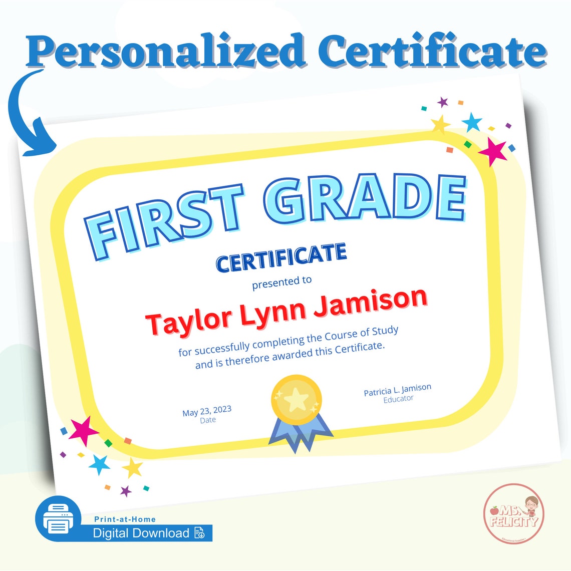 Printable Elementary School Certificate Personalized Homeschool Diploma ...