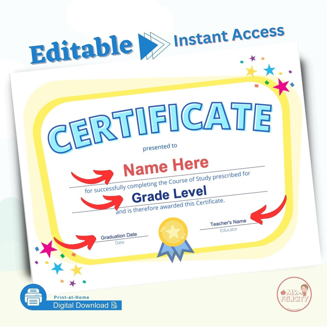 Editable Instant Access Elementary School Certificate Printable ...