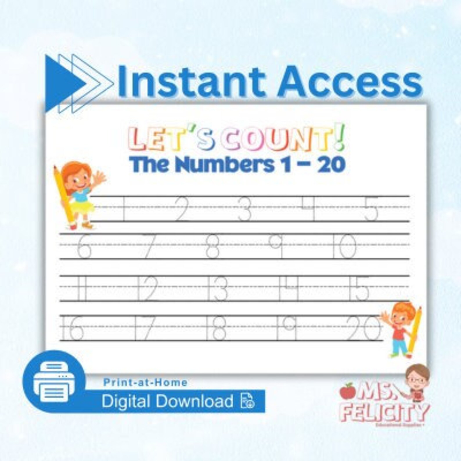 Printable Tracing Numbers 1-20 Worksheet Instant Access Download Busy ...
